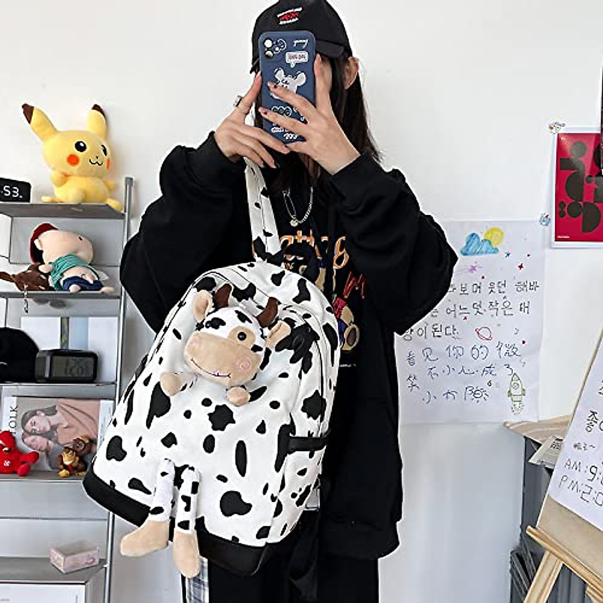VTYUBX Large Kawaii Backpack Cow Stuffed Animal Backpack School Girl Cute Bag Plush Purses Fuzzy Backpack Kawaii Bookbag (Plush Cow,Large)