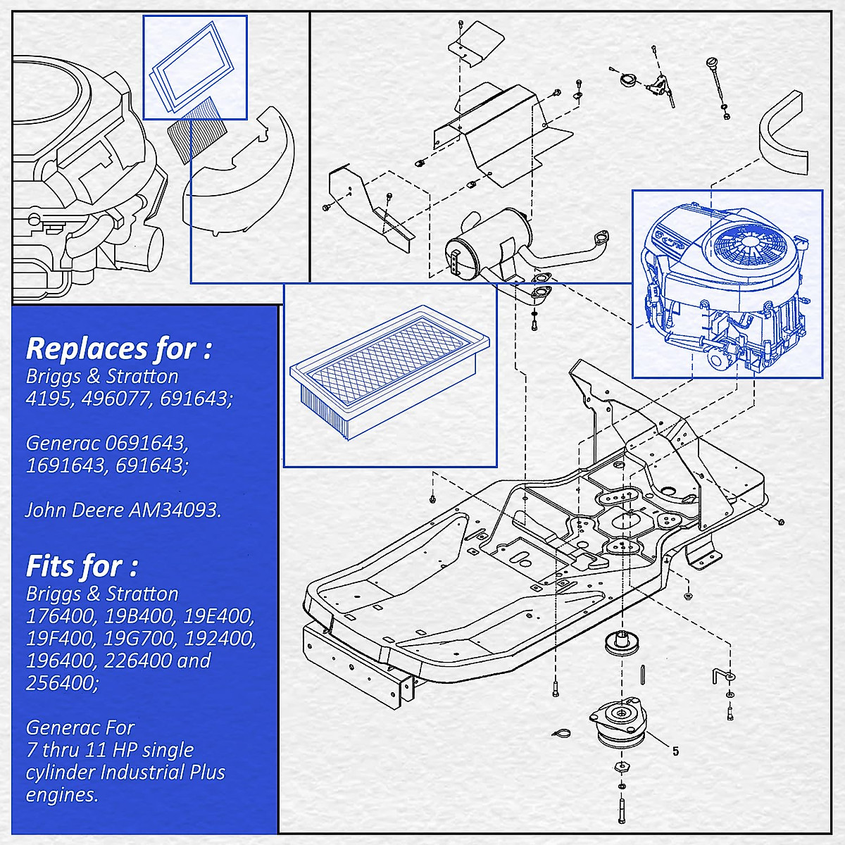 HASME Air Filter Cartridge Replacements for BRIGGS STRATTON 496077 691643 Generac 0691643 1691643 691643 John Deere AM34093 Fits for Briggs Stratton 176400 19B400 19E400 19F400 19G700