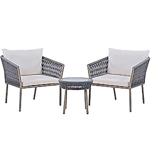 KELRIA Woven Rope Conversation Set, Rattan Couch Sofa Including 2 Single Chairs and Coffee Table, Suitable for Indoor, Outdoor, Balcony, Courtyard, Poolside, Lawn, Backyard, Gray, Gary
