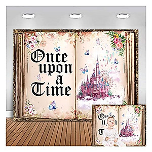 MAQTT Fairytale Book Photography Backdrop 7x5ft Once Upon A Time Backdrop for Girls Birthday Party Decoration Pink Flowers Butterfly and Castal Princess Backdrop for Baby Shower Cake Table Decor