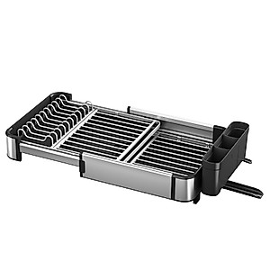 Dish Drying Rack, Kitchen Counter Dish Drainer Rack Auto-Drain, Expandable (14.8 to 22.2 inch) Rustproof Aluminium Large Sink Dish Strainer with Dish Drying Mat and Utensil Holder, Silver