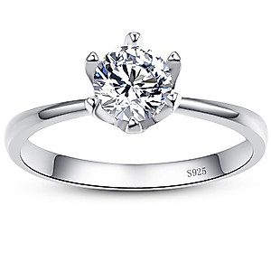 AVECON Sterling Silver Round 1.25ct CZ 6 Prong Classic Solitaire Wedding Engagement Ring 7MM Size 8
