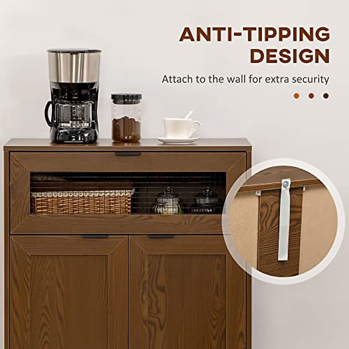 HOMCOM Sideboard Buffet Cabinet, Kitchen Cabinet with Metal Grid Flip Drawer, Adjustable Shelf, Accent Cabinet for Living Room, Walnut