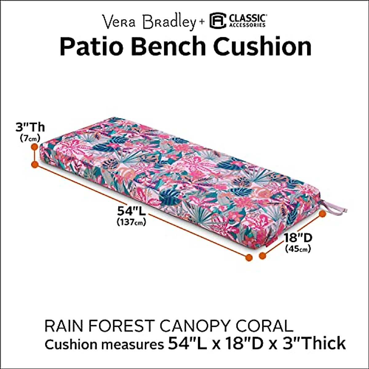 Vera Bradley by Classic Accessories Water-Resistant Patio Bench Cushion, 54 x 18 x 3 Inch, Rain Forest Canopy Coral, Patio Furniture Cushions