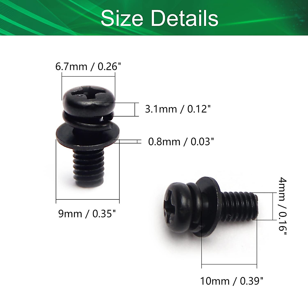 Yinpecly M4 x 10mm Carbon Steel Machine Screws Phillips Pan Head Bolts Combine with Plain Washers Spring Washer Black Tone 50pcs