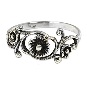 NOVICA Artisan Handmade Sterling Silver Flower Ring Floral Band from Thailand No Stone [crownbezel 0.3 in L x 0.7 in W Band Width 2 mm W] ' Lotus Rose'