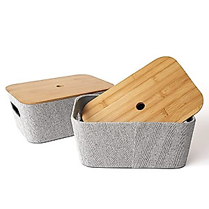 LA JOLIE MUSE Modern Basket with Bamboo Lids, Mid-Century Stackable Storage Basket Bins for Shelves Office Home Organizing, Decorative Tweed Fabric Organizer Container Set of 2, Light Grey