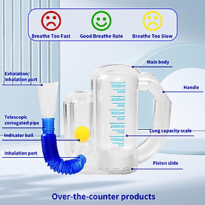 Incentive Spirometer (blue03) for Adult Breathing Exercise Device for Lungs Deep Breathing Trainer 5000ml Volume Measurement