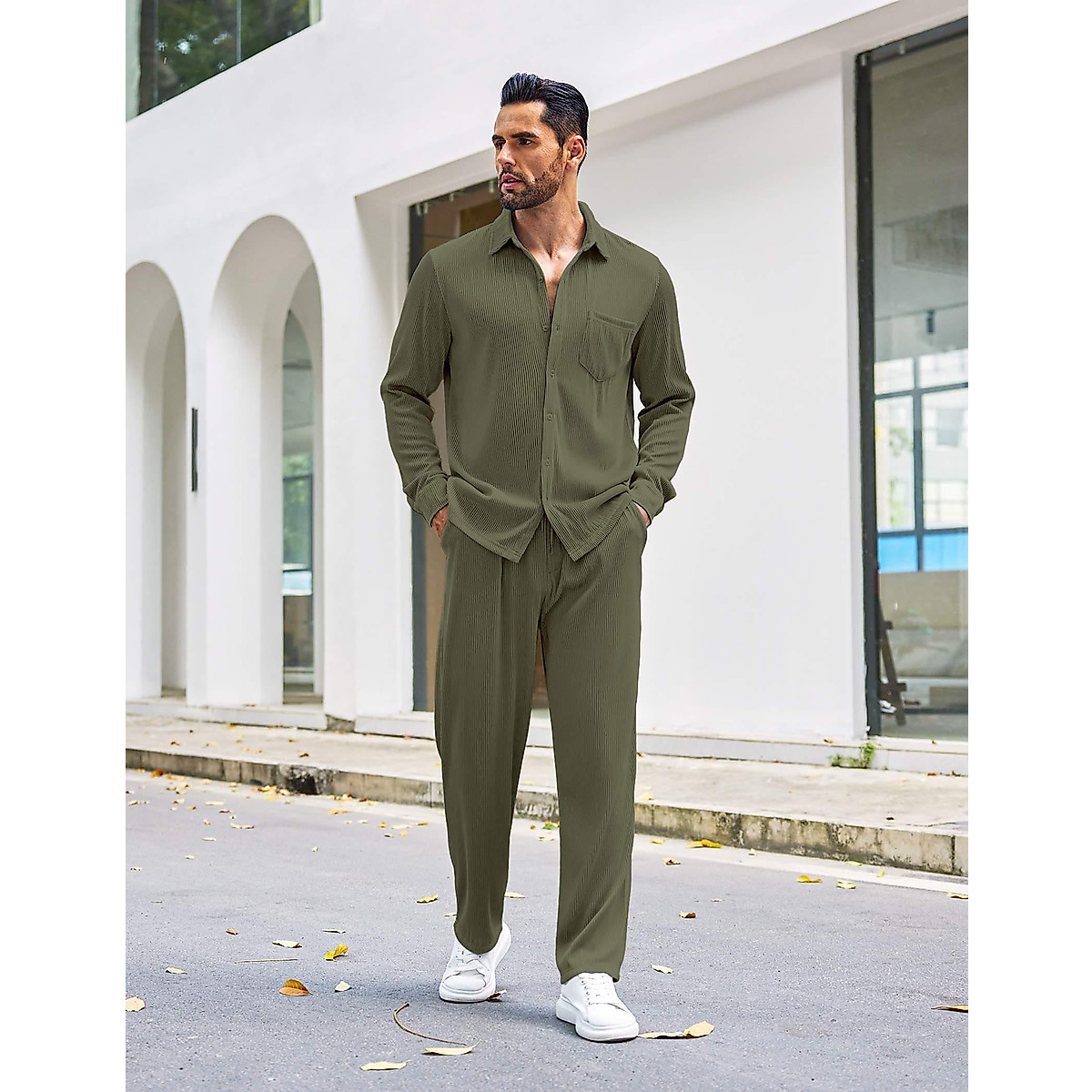 COOFANDY Mens Matching Shirt and Pants Set Long Sleeve Button Up Shirts Ribbed Pants with Pockets Lounge Tracksuits