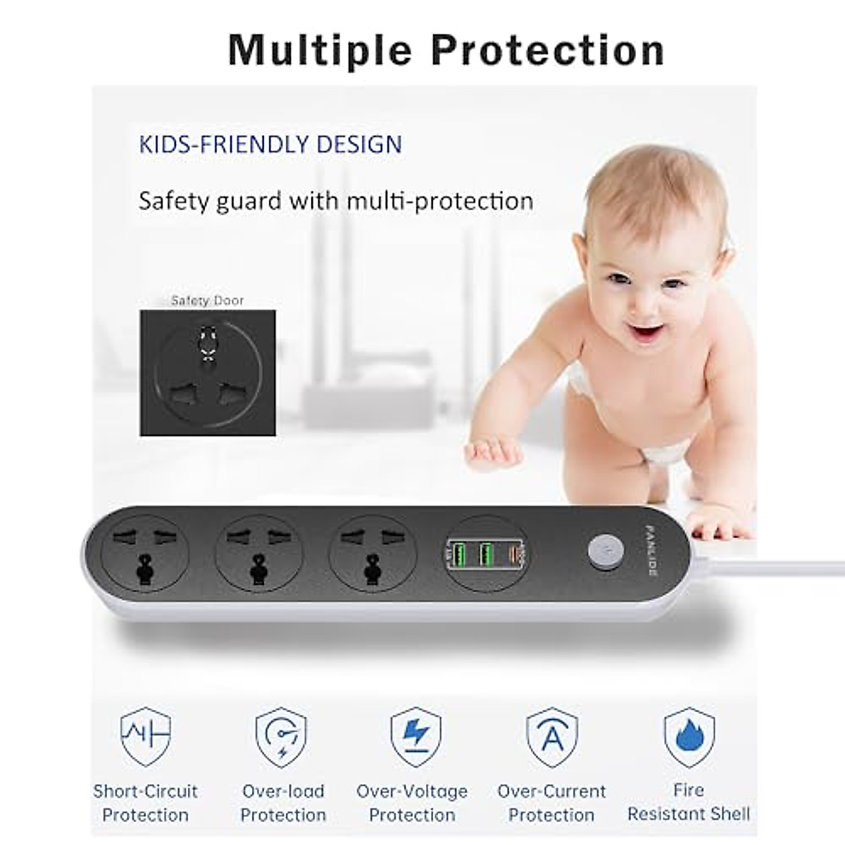 Fanlide Power Strip with USB Ports, 6ft Power Cord, 2500W Circuit Breaker, 3 Outlets 3 Quick USB (5V 3.1A) Charging Station, Child Safe Door, for Cruise Ship,Dorm Room Multi Plug Extender