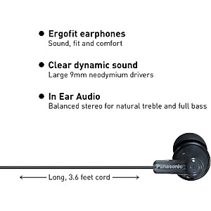 Panasonic ErgoFit Wired Earbuds, In-Ear Headphones with Dynamic Crystal-Clear Sound and Ergonomic Custom-Fit Earpieces (S/M/L), 3.5mm Jack for Phones and Laptops, No Mic - RP-HJE120-K (Black)