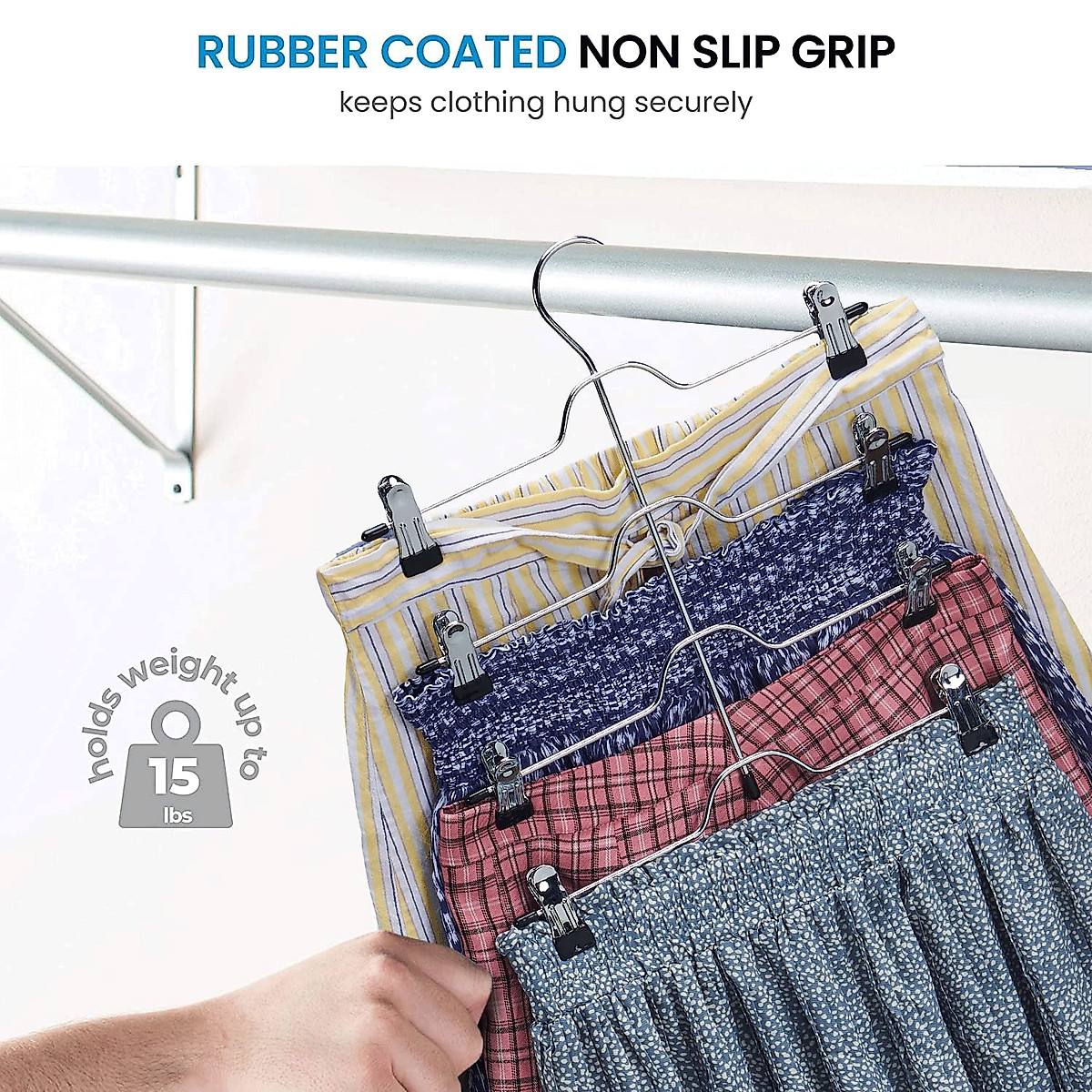 Zober Space Saving 4 Tier Skirt Hanger with Adjustable Clips (3 Pack) 4-on-1 Hanger, GAIN 50% More Space, Reliable Non Slip Grip, Durable Metal Pants Hanger Great for Slack, Trouser, Jeans, Towels Etc