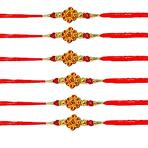 KHANDEKAR Set of 6 Pc OM with Swastik Pendant Rakhi for Brother Bhaiya Bhabhi Traditional Handmade Premium Quality Designer Rakhi Set with Roli Chawal, Rakhi Thread Rakhdi Bracelets