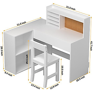 NKUGCFC 41in*31in White Kids Desk and Chair Set for 5-12 Year Old, KidsDesk with Bulletin Board, Kids Study Desk and Chair Set with Drawers and Shelves,Kids Corner Desk and Chair Set with Hunch