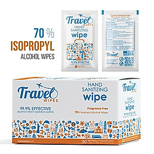 HAND SANITIZING TRAVEL WIPES - Individually Packed Premium Hand Sanitizing Wipes for Travel, Home, Office, School, etc. with Moisturizer - Manufactured in USA (Fragrance Free 30ct Box)