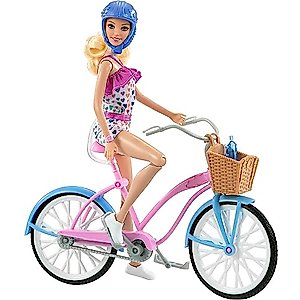 Barbie Doll & Bike Set with Accessories, Blonde in Rainbow Romper with Pink & Blue Bicycle, Helmet, Basket & Water Bottle