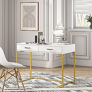 Tribesigns Computer Desk with 2 Drawers, 39.4” Modern Simple White and Gold Writing Desk Desk with Storage Drawers, Makeup Vanity Console Table Study Desk for Home Office
