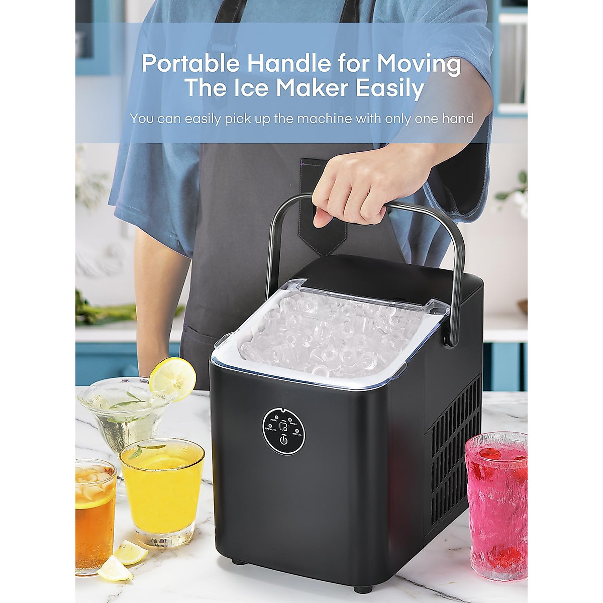 FOHERE Countertop Ice Maker with Handle, Portable Ice Machine Self-Cleaning, 28 lbs in 24Hrs, 2 Sizes of Bullet Ice, Ice Ready in 6 Mins, with Ice Scoop & Basket, for Home/Kitchen/Camping/RV