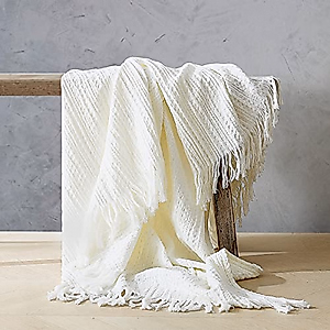 100% Cotton Throw Blanket, Waffle Woven Cream White Thin Decorative Blanket with Fringe, Rustic Pre-Washed Soft, Cozy, Light Weight Blanket for Couch, Travel, Farmhouse Boho Style Throw, 60'' x 80''