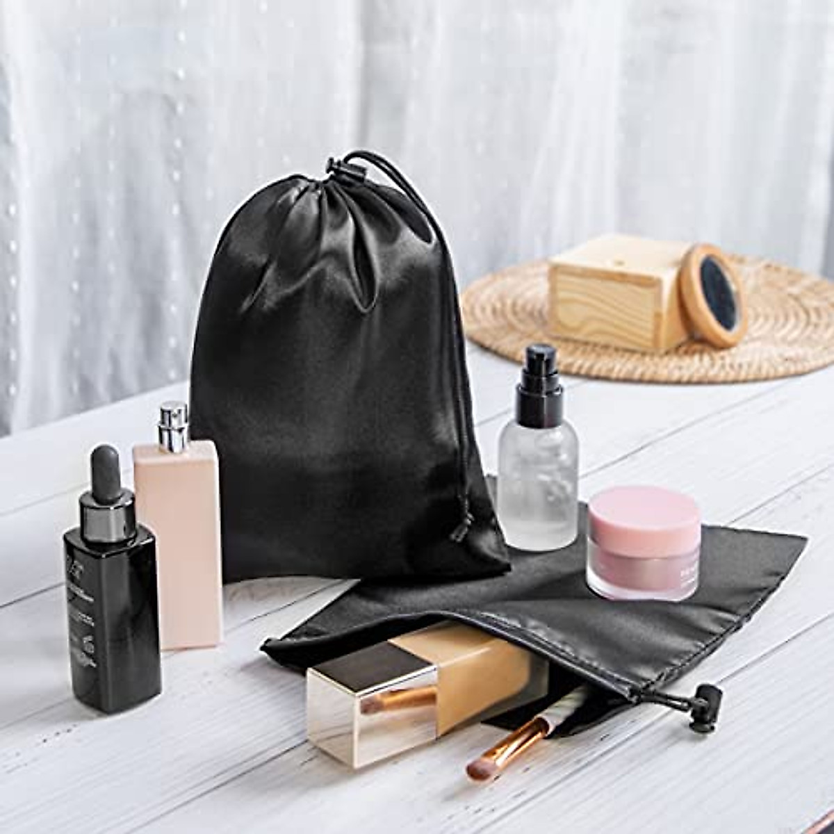 Satin Bags with Drawstring for Lingerie, Jewelry, Gifts, Party Favors, Candy, Goodies or Wedding Presents (7 x 9 inch - 12 pack, Black)