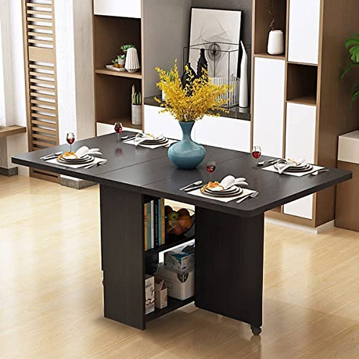 DINAZA Folding Dining Table Drop Leaf Table for Small Spaces with 2 Tier Storage Racks Multifunction Space Saving Table Extension Dinner Table for Kitchen Bedroom