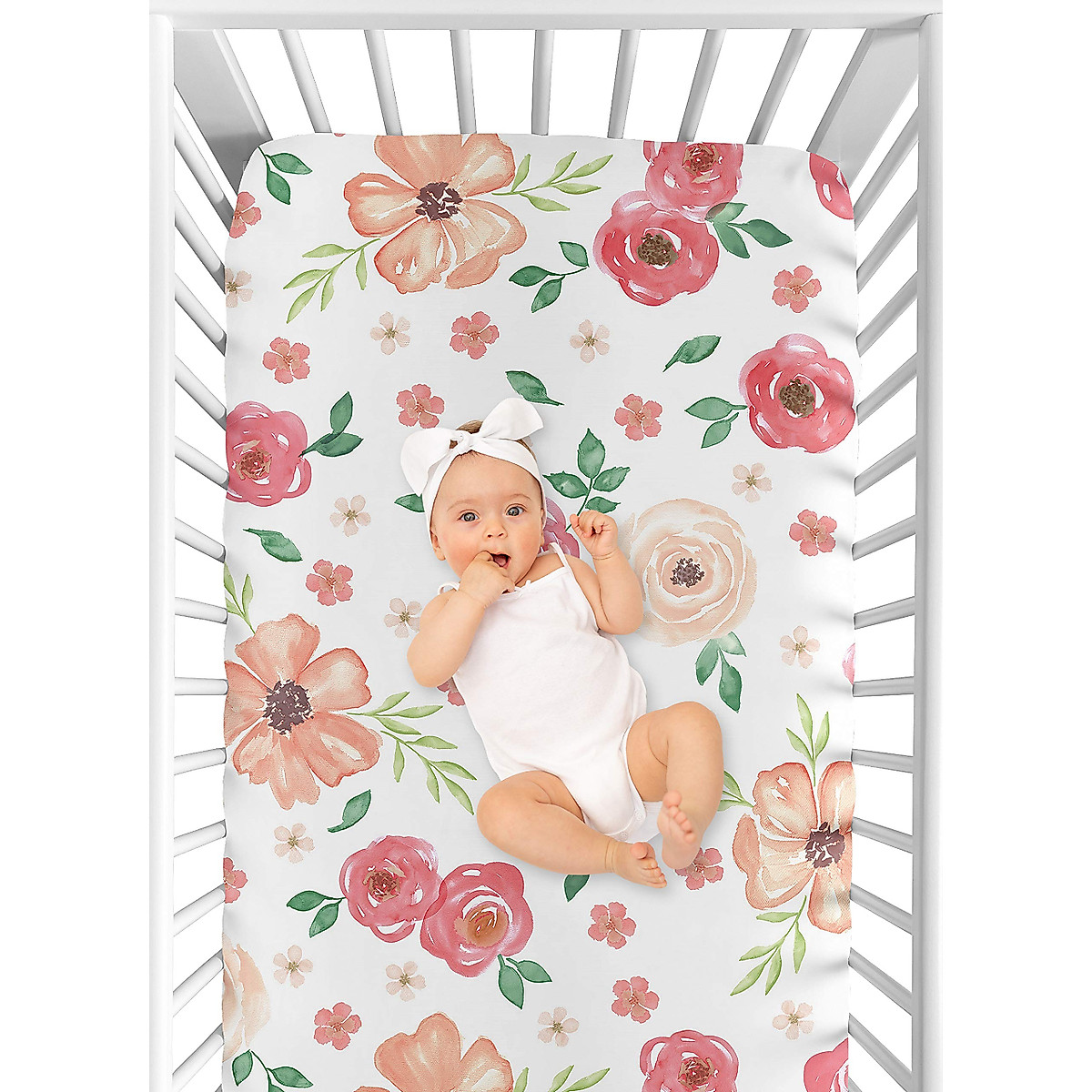 Sweet Jojo Designs Peach and Green Baby or Toddler Fitted Crib Sheet for Watercolor Floral Collection - Pink Rose Flower