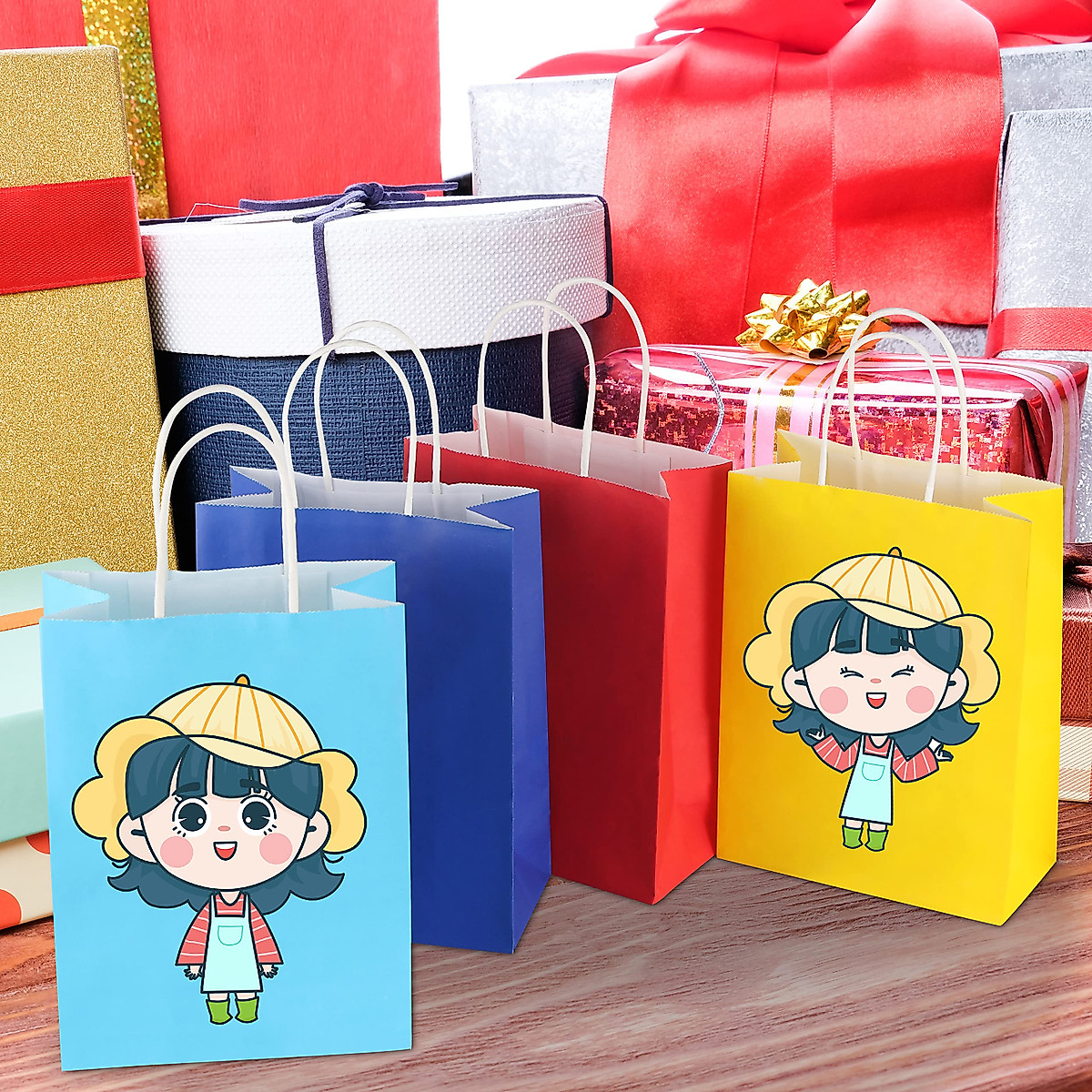 48 Pieces Gift Bags with 48 Tissue Papers, 8 Colors Gift Paper Bags with Handle for Party Supplies, Treat Favor, Birthday Party, Wedding, Gifts and Celebrations Assorted Colors (Rainbow)