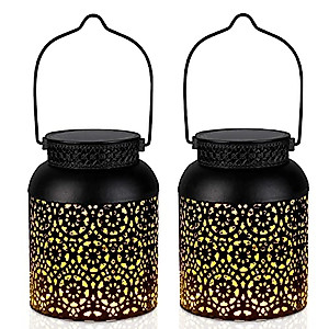 GolWof Solar Lanterns Outdoor Waterproof, 2 Pack Hanging Lanterns with Handles Decorative Metal Solar Powered Lights for Christmas Decoration, Backyard, Lawn, Garden, Patio, Party