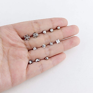 LOLIAS 12 Pairs 18G Barbell Stud Earrings for Men Women Stainless Steel Ball CZ Cartilage Helix Surgical Flatback Earrings Set