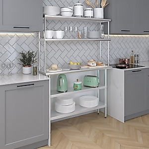 Amgood Stainless Steel Work Table with 2 Shelves | Metal Kitchen Prep Table & Shelving Combo (14" x 48" Table with 2 Shelves + 12" Overshelf)