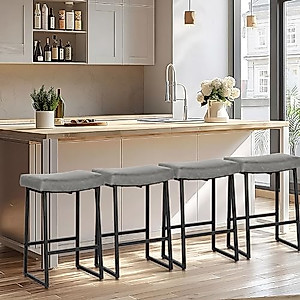 ALPHA HOME Bar Stools Backless Saddle Seat Barstools Modern PU Leather Cushion Counter Height Chairs Set of 2 for Kitchen Island, Dining Pub and Bistro, 24 Inches, Grey, 2PCS