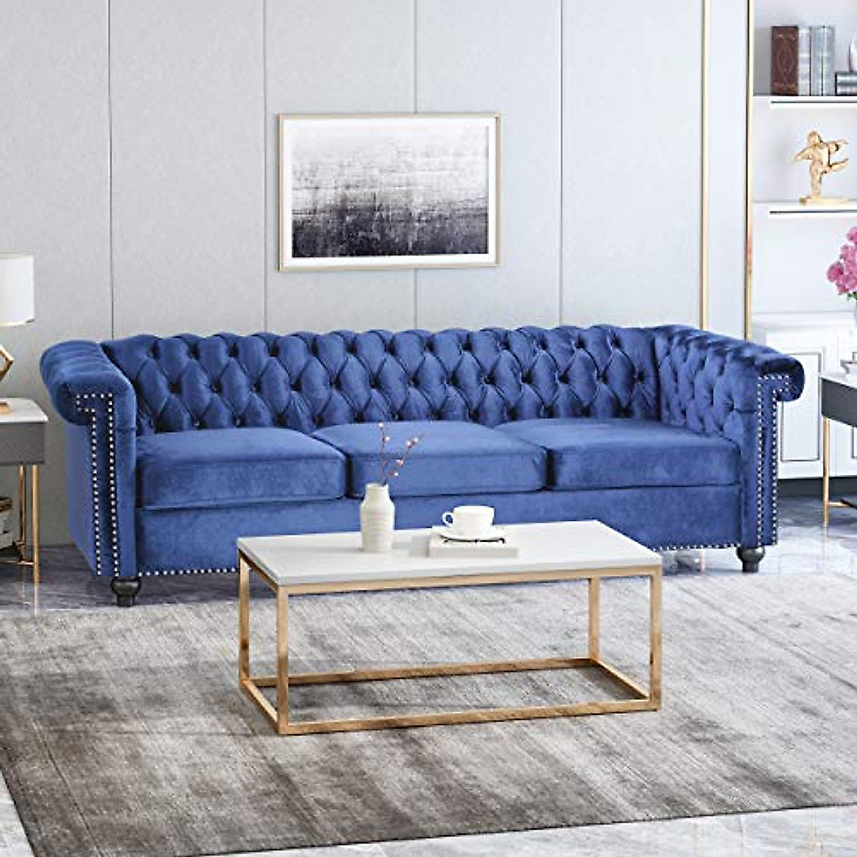 Great Deal Furniture Laura Tufted Chesterfield Velvet 3 Seater Sofa, Midnight Blue and Dark Brown