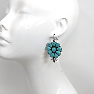Turquoise Stone Squash Blossom Pendant Bib Statement Faux Navajo Pearl Necklace 20 Inch and French Hook Earrings (Silver Burnish/Turquoise)