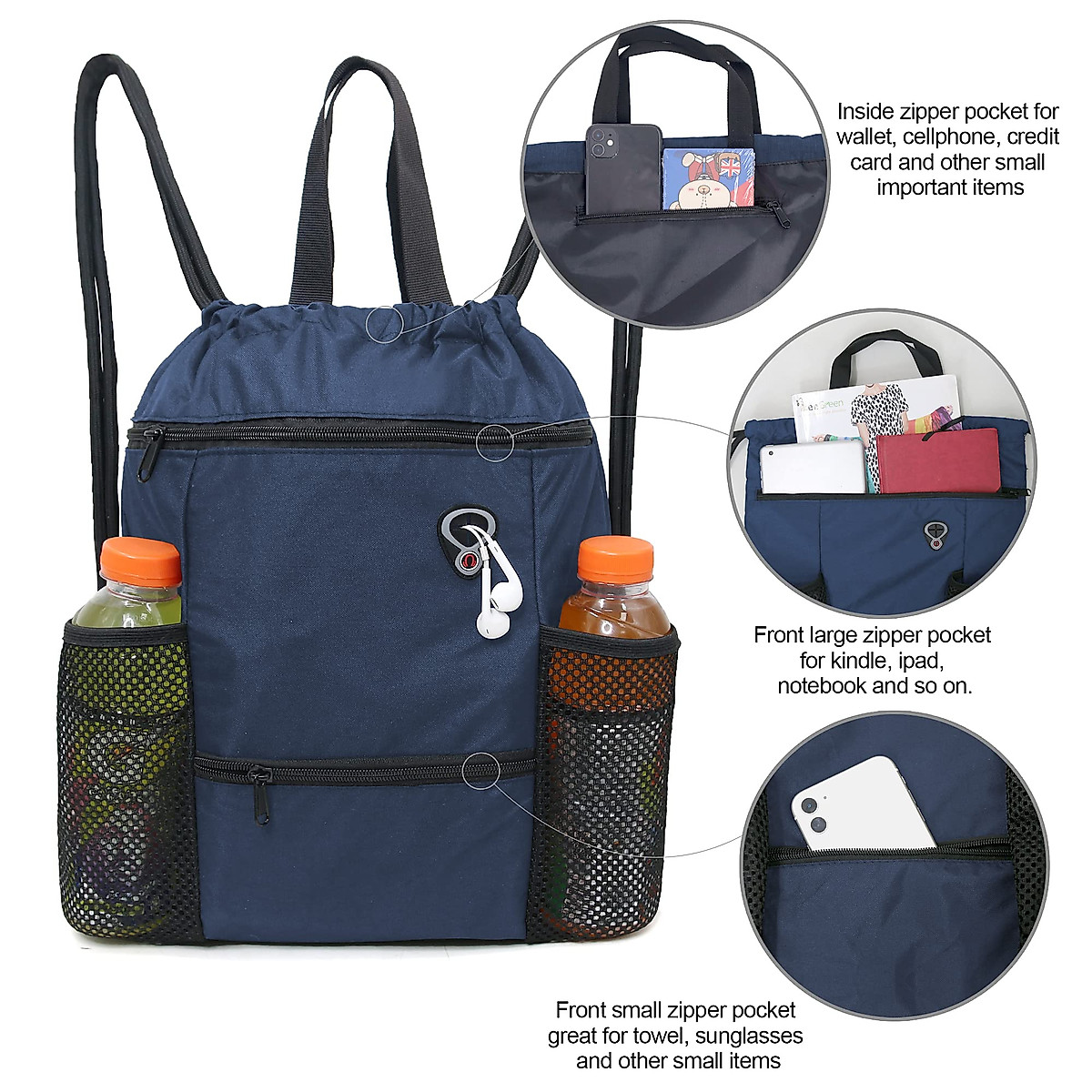 BeeGreen Navy Blue Drawstring Backpack Bag Cinch Sack Backpack with Zipper Pockets and Mesh Water Bottle Holders Beach Backpack Large 18" L x 15" W Gym Sprots Swim Bag