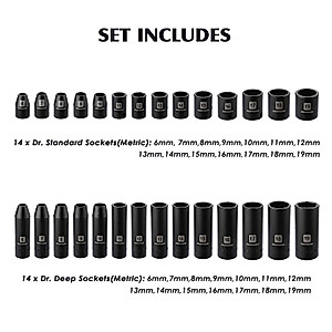 MIXPOWER 3/8'' Drive Master Impact Socket Set, 87-Piece Deep & Standard SAE and Metric,CR-MO, 1/4-Inch to 3/4-Inch and 6-19 mm, Impact Universal Sockets, Inverted Star Sockets, Extension Bar & Adapter