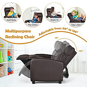 Costzon Kids Recliner, Adjustable PU Leather Lounge Chair w/Side Pockets, Footrest, Headrest for Kids Room & Play Room, Easy to Clean, Padded Recliner Sofa for Children Boys Girls Aged 3-12 (Brown)