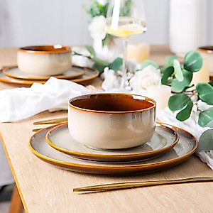 LeRatio Ceramic Dinnerware Sets for 4,12-Piece Plates and Bowls,Handmade Reactive Glaze Dishes Set,Chip Resistant and Scratch Resistant | Oven Dishwasher & Microwave Safe,Service for 4-Kahki