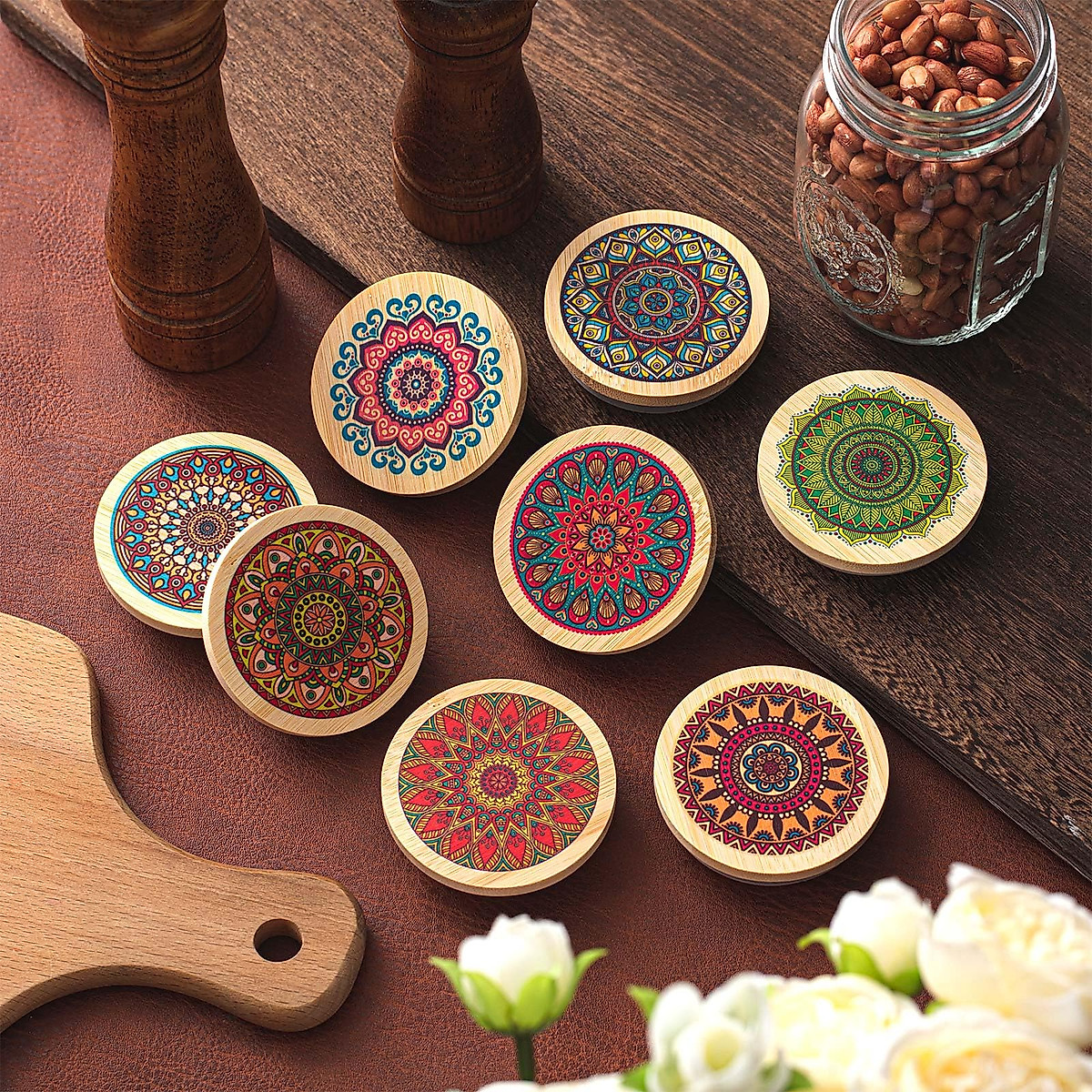 Beeveer 8 Pcs Bamboo Mason Jar Lids Regular Mouth Storage Yogurt Jar Lids with Airtight Silicone Sealing Rings Reusable Round Canning Lids(2.76 Inch)