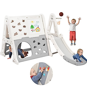 Merax Triangle Climber with Slide, 7-in-1 A-Frame Climber Toddler Slide with Art Easel and Basketball Hoop, Indoor Climbing Toys for Toddlers 1+