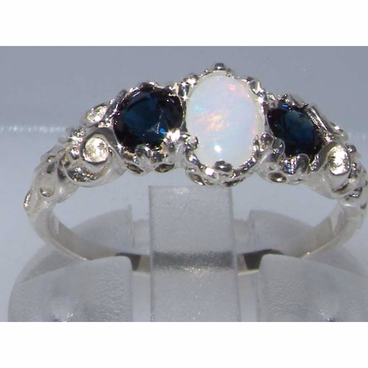 LetsBuyGold 925 Sterling Silver Natural Opal and Sapphire Womens Promise Ring - Size 9.5