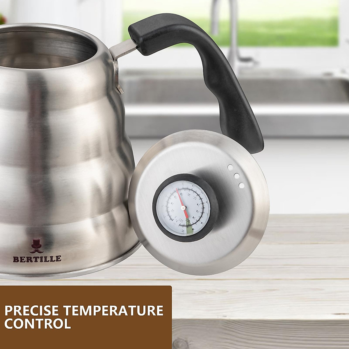 BERTILLE Gooseneck Coffee Kettle Tea Kettle with Thermometer 40 fl oz/1200 ml, premium stainless steel kettle body and ergonomic handle + 1.1 oz coffee bean storage canister(Black)