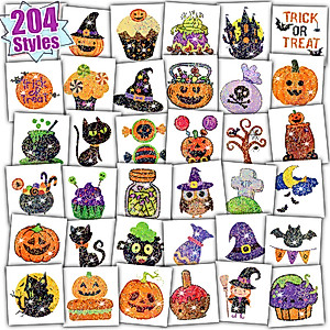 Partywind 204 PCS Glitter Halloween Tattoos for Kids Treats, Halloween Party Decorations Supplies for Boys Girls, Tattoo Stickers for Halloween Goodie Bag Stuffers (Individually Wrapped Sheets)
