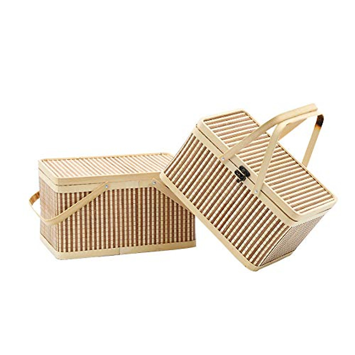 HEFUTE Handmade Bamboo Basket with Lid, Handle Square Portable Organizer with Lock Fit for Clothes Storage Lightweight Durable Easy to Carry
