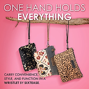 SIXTEASE Women's Fashion Wristlet Small Clutch With Wrist Strap - Vintage Style Zipper Made with Genuine Leather, Upcycled Canvas, Rug, or Hair On - Unique Designs, Hand Stitched - Mink