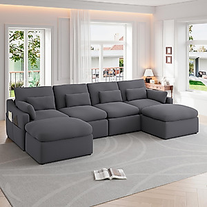 ISHUHL Modular Sectional Sofa, 124.41" U Shaped Couch with Corduroy, Convertible 6 Seat Cloud Couch with Ottomans, Dark Grey Oversized Sectional Couches for Living Room