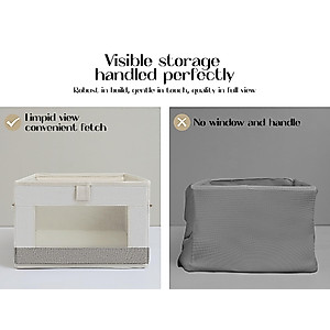 LoforHoney Home Closet Storage Bins with Clear Window, Foldalble Storage Baskets for Shelves with Handles, Fabric Storage Bins for Clothes, Shelf Baskets for Organizing, Beige & Gray, 2-Pack