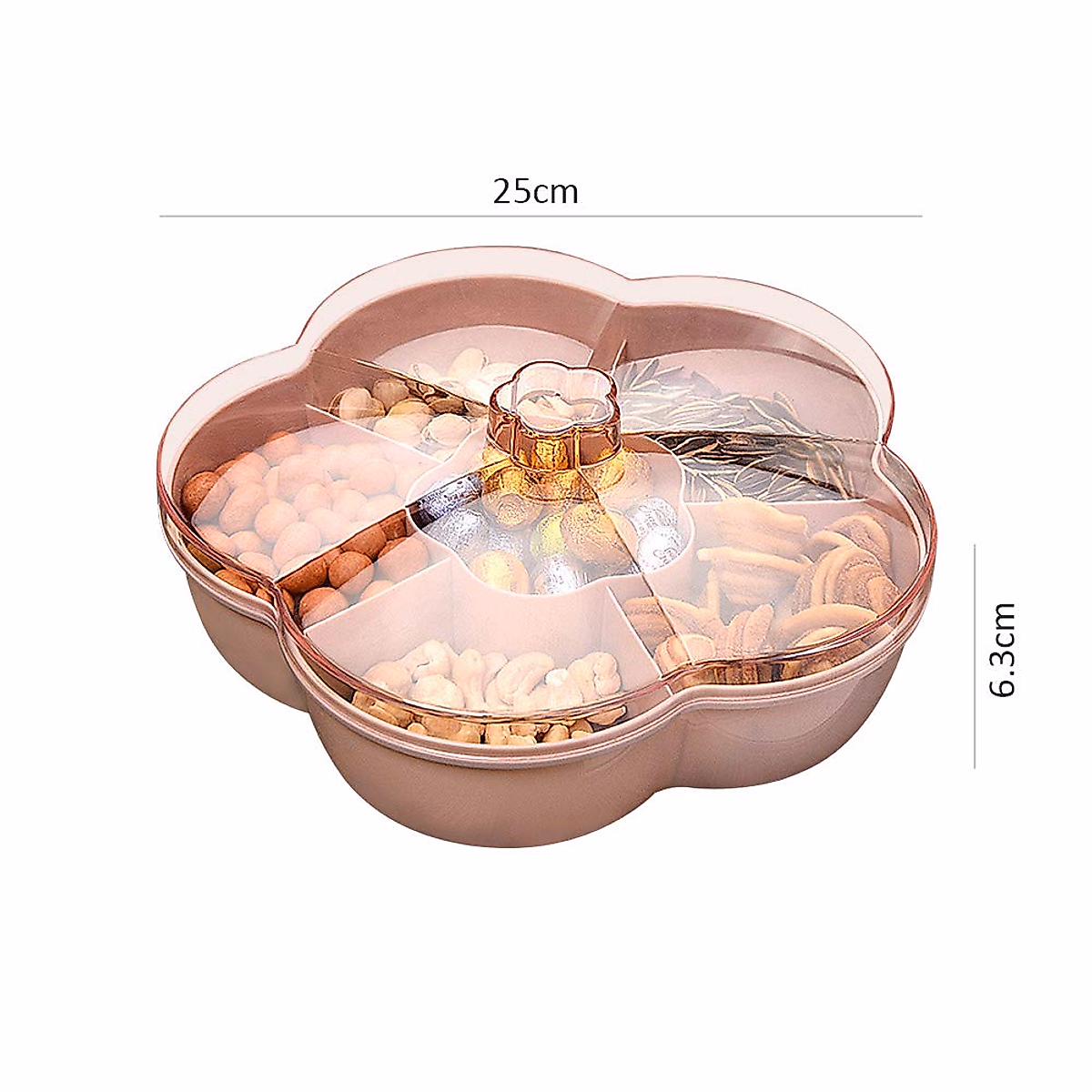 Flower Shaped Snack Serving Tray with Lid, Plastic Divided Serving Container with 6 Compartment, Food Storage Organizer for Candy, Nut, Dried Fruit, Perfect for Parties, Family