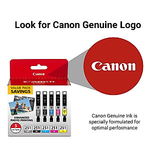 Canon CLI-251 BK/C/M/Y/GY 5 Color Value Pack Compatible to MG7520, MG5620, MG6620