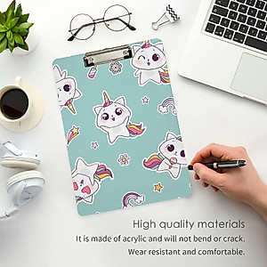 Plastic Clipboard Cute Unicorn Cat Caticorn A4 Letter Size 12.5 x 9 Inch with Metal Low Profile Clip for Office Classroom Students Coaches （Gold Clip）