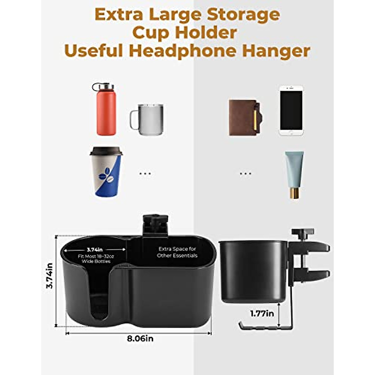 yamagahome Desk Cup Holder, 2 in 1 Table Cup Holder with Headphone Hanger, Anti-Spill Tableside Cup Holder for Water Bottles, Wheelchairs, Workstations, Gaming Desk Accessories